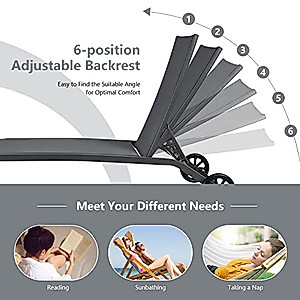 Giantex Patio Lounge Chairs for Pool Area, Outdoor Chaise Lounger with 6 Adjustable Position Smooth Wheels and Quick-Drying Fabric, Lawn Recliner for Backyard, Garden Sunbathing Chair (2, Gray)