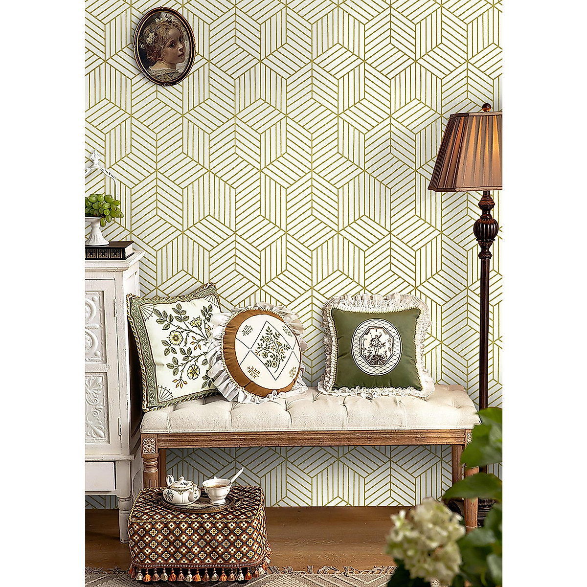 CiCiwind Peel and Stick Wallpaper Gold and Beige Contact Paper Geometric Striped Hexagon Wallpaper Removable Self Adhesive WallPaper Waterproof Vinyl Paper for Cabinets Shelf Drawer 15.7"x78.7"Upgrade