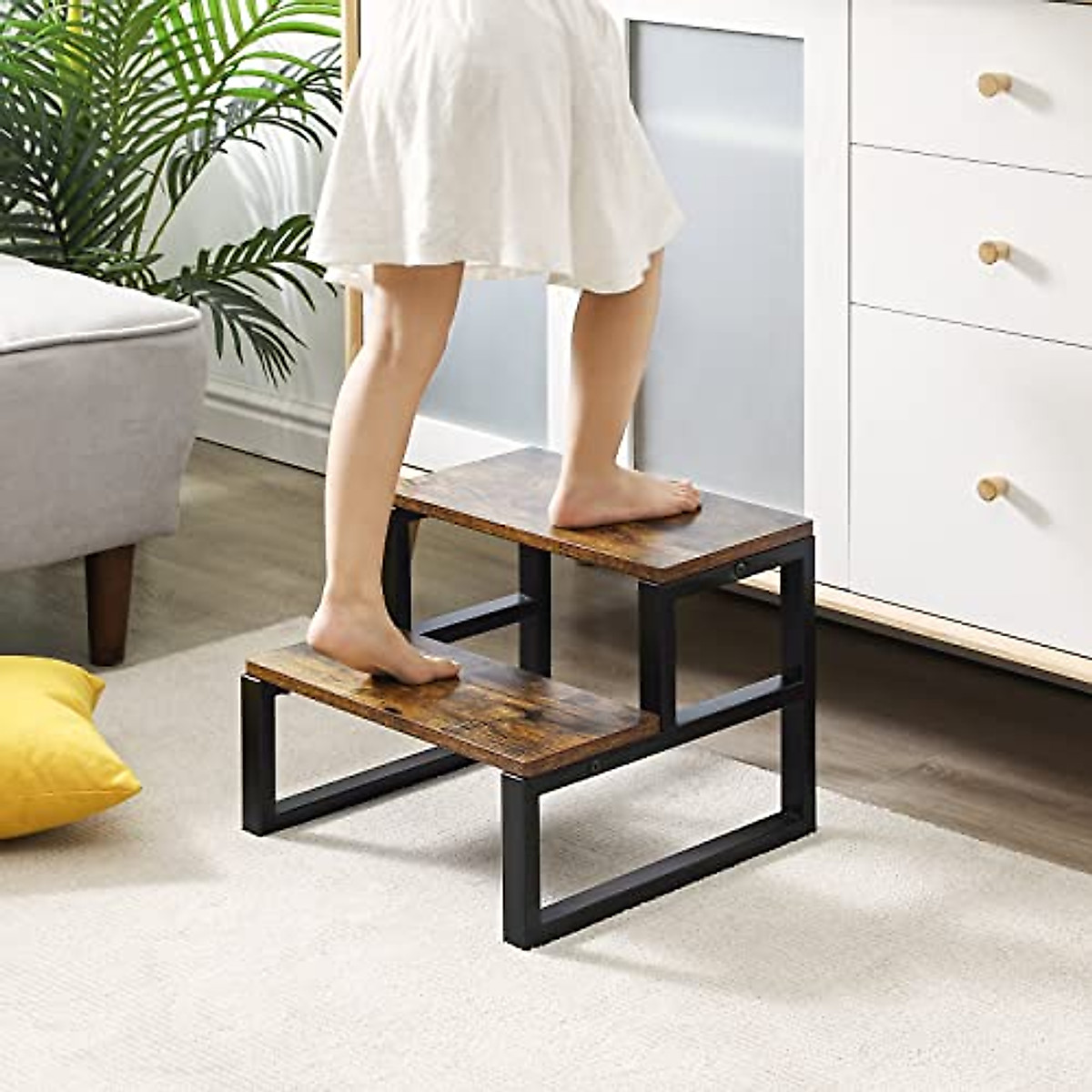 IBUYKE 2-Step Wooden Step Stools for Kids Adults,with Metal Frame, Holds Up to 500lb, Bedside Steping Foot Stool for Bedroom, Livingroom, Kitchen, Rustic Brown TBD002H