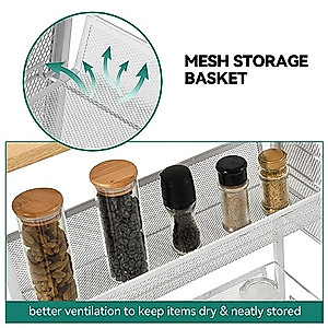 YITAHOME 4-Tier Slim Rolling Cart, Kitchen Cart with Wheels, Storage Cart with Wooden Tabletop and Mesh Baskets, Mobile Utility Cart for Narrow Space for Kitchen, Bathroom, Laundry Room,White