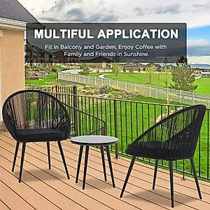 ELPOSUN 3 Piece Patio Set Outside All Weather Woven Rope Bistro Furniture Set with 2 Chairs and 1 Glass Top Coffee Table for Garden, Balcony, Backyard, Porch, Lawn, Poolside (Black)