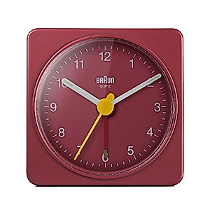 Braun Classic Travel Analogue Alarm Clock, Compact Size, Quiet Quartz Movement, Crescendo Beep Alarm in Red, Model BC02R.