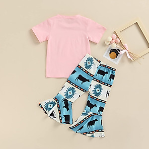 Bmnmsl Baby Toddler Girl Clothes Summer 2T 3T 4T 5T Outfits Short Sleeve Top & Flared Pants Sets Kids Cattle Tiger Pattern (Cows-Pink, 2-3T)