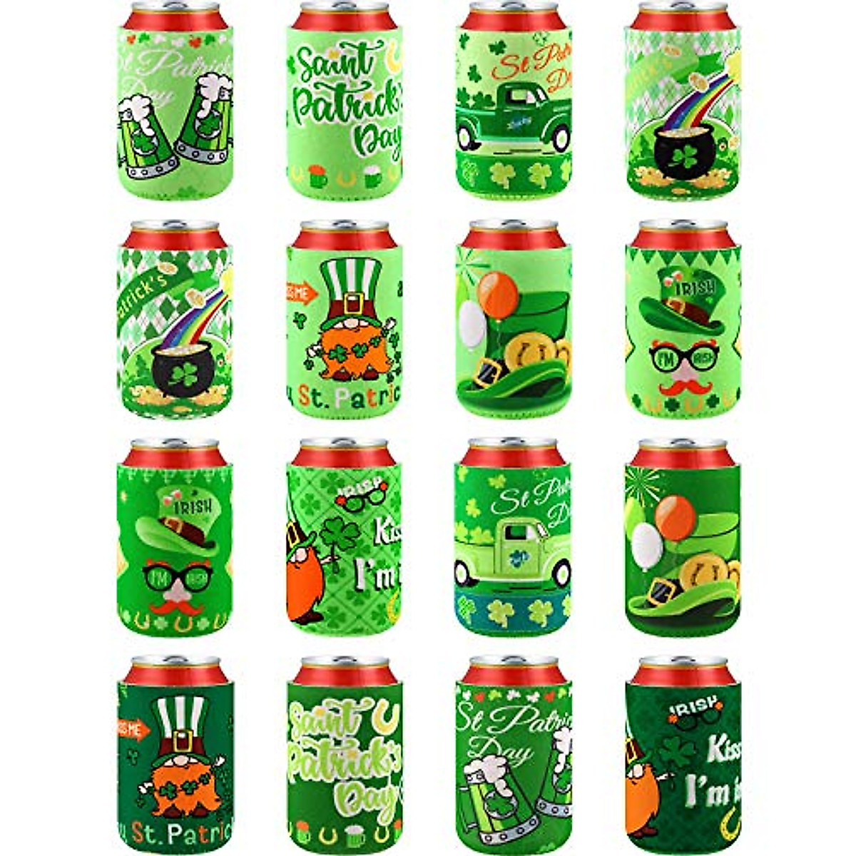 16 Pieces St. Patrick's Day Beer Coolers Sleeves Neoprene Can Insulated Covers for 12-Ounce Canned Beverages Bottle Drink in St. Patrick's Day Party Favors Decorations