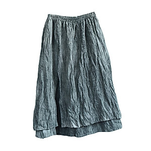 NFYM Women's Cotton Linen Skirts Textured Casual Layered Elastic Waistband Slit Mid-Calf Skirt with Pockets (as1, Alpha, one_Size, Regular, Regular, Dark Green)