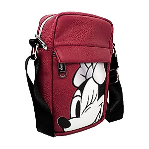 Buckle Down Disney Bag, Cross Body, Minnie Mouse Winking Face Close Up and Text, Red, Vegan Leather