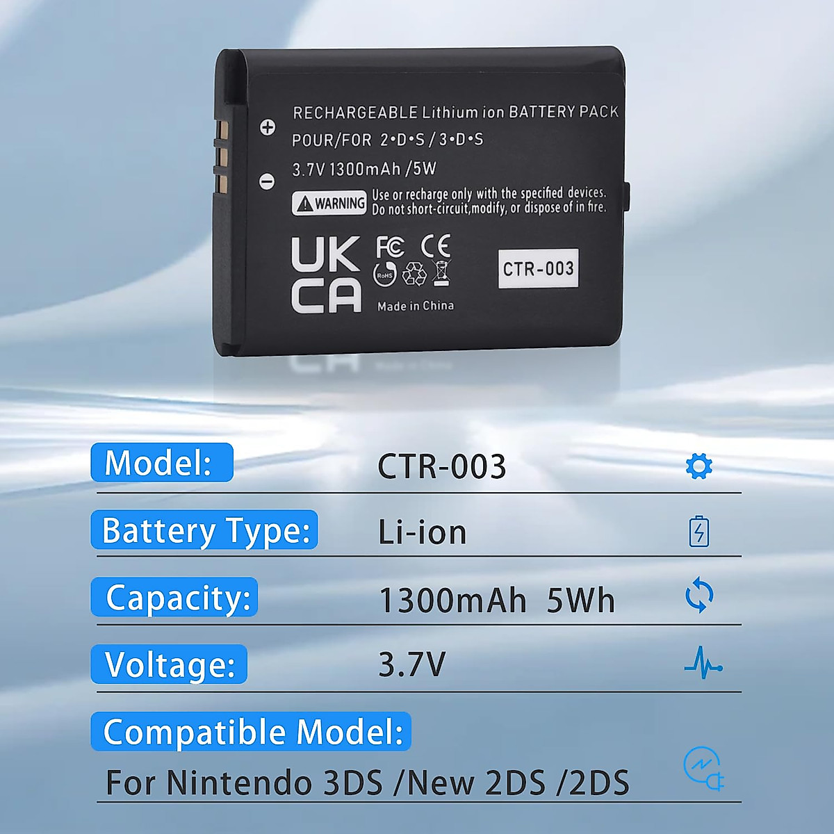 Tectra 1300mAh CTR-003 CTR003 Battery Compatible with Nintendo 3DS 2DS Gaming Console + Charging Cable(Not Compatible with New 3DS and 3DS XL)