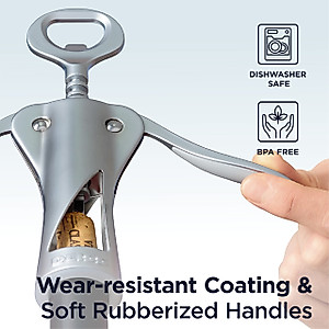 Deiss LUX Wine Opener, All-Metal Wing Corkscrew Wine Bottle Opener with Built-in Beer Bottle Opener - Ergonomic Cork Screw Wine Corker, Silver Matte Coating, Velvet Storage Pouch (SILVER)