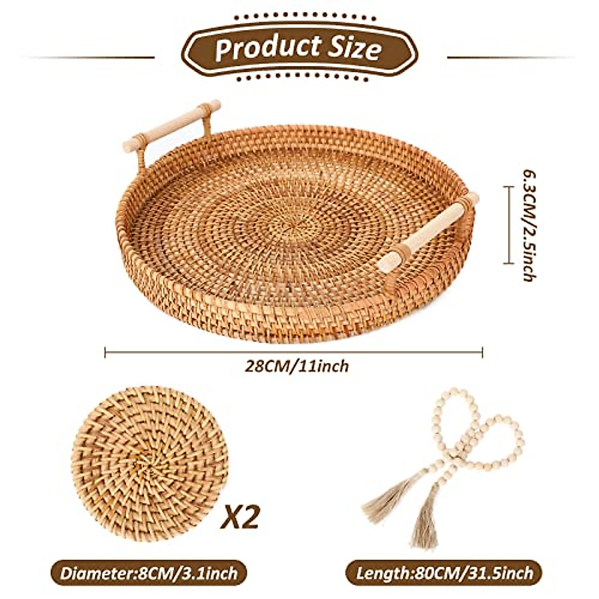 Whaline 4pcs Rattan Round Woven Tray Bread Basket Wicker Serving Tray Coffee Table Decorative Tray with Handles Free Wood Bead Garland Coaster Boho Farmhouse Decor for Living Room Kitchen (11 inch)