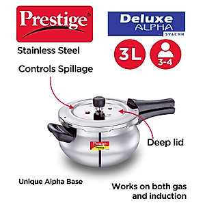 Prestige Deluxe Svachh Stainless Steel Pressure Cooker with Alpha Base and Deep Lid for Spillage Control, (3.0L Mini Handi), SILVER