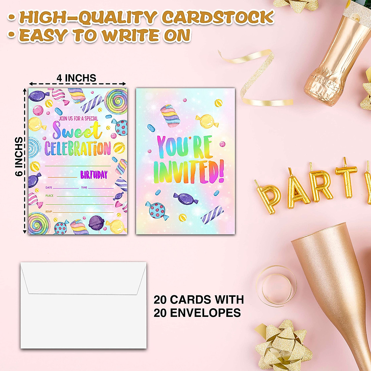 Chuxvon Sweet Celebration Birthday Party Invitations, Sweet Candy Birthday Invitation, Double-Sided Rainbow Tie Dye Fill In Invites, Kids Birthday Party Decorations, 20 Cards With 20 Envelopes(C11)