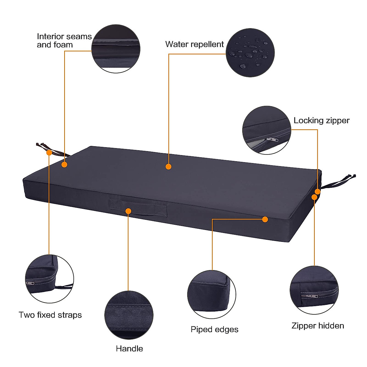 Faible Poisson Outdoor Bench Cushion and Replacement Cover, 36 x 18 Inch Waterproof Porch Swing Cushions with Handle and Anti-Slip Straps for Garden Patio Furniture