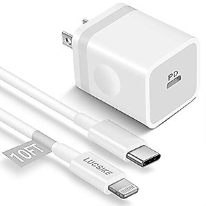 10FT iPhone 14 13 12 Fast Charger [MFi Certified], LUOSIKE 20W USB C Charger Block PD Wall Plug with 10Foot Long USB-C to Lightnings Cable for iPhone 14/13/12/Pro Max/Mini/11/XS/XR/X/8, Airpods, iPad