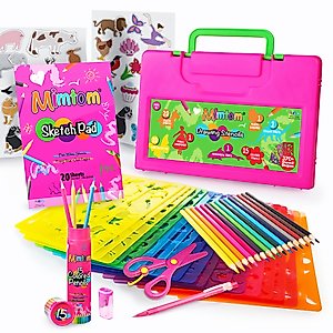 Mimtom Drawing Stencil Kit for Kids, 60 PC Art Set with 370+ Shapes, Sketch Pad, and Colored Pencils for DIY Arts and Crafts for Boys and Girls, Draw with Letter, Animal and Car Stencils, Pink