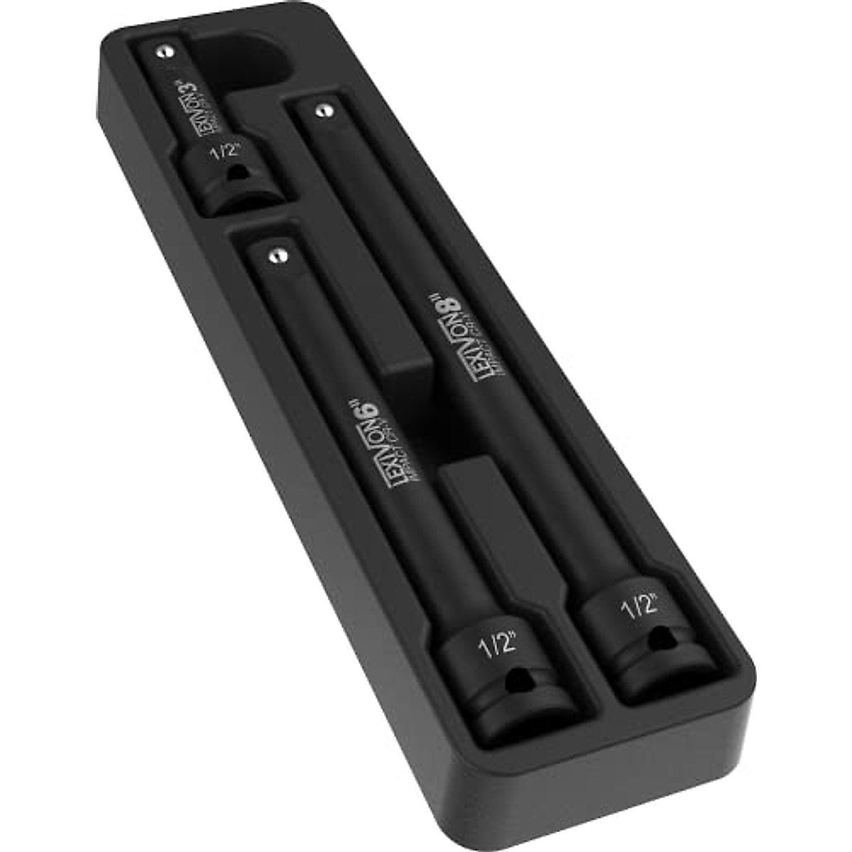 LEXIVON Impact Driver Extension Bar Set, 1/2" Drive | 3-Piece 3" 6" & 8" Long, Organized In A Tray | Hardened and Heat Treated Chrome Vanadium Steel (LX-115)