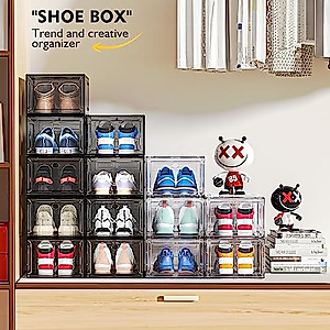 Upgrade Harder Solid Plastic Shoe Organizer, Shoe Storage with Magnetic Front Door, 6 Pack Shoe Boxes Clear Plastic Stackable, Sneaker Storage, Shoe Organizer for Closet, Shoe Display Case , White