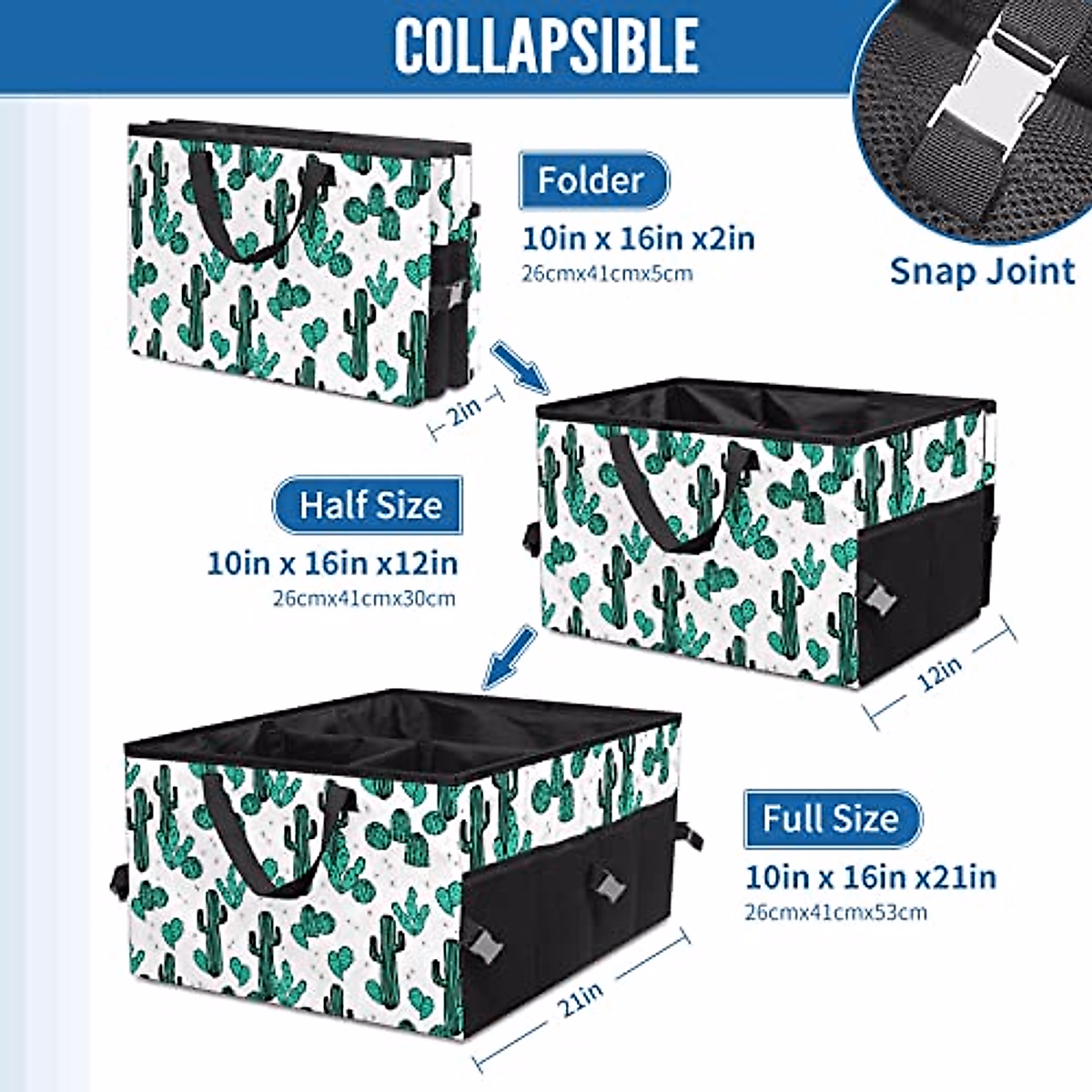 Cactus Summer Tropical Print Car Trunk Organizer,Collapsible Cargo Storage Tote Bag,Non Slip,3 Divider Compartments, Automotive Interior Accessories for Auto SUV Truck Vehicle Picnic Camping