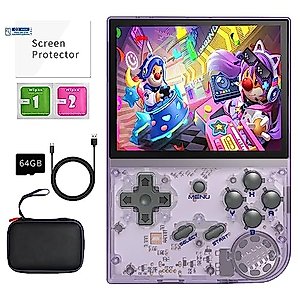 RG35XX Handheld Game Console , Dual System Linux+GarlicOS 3.5 Inch IPS Screen Built-in 64G TF Card 6831 Classic Games Support HDMI TV Output with Portable Bag (Transparent Purple)