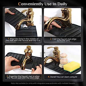 Nuovoware Silicone Sink Facucet Mat, Sink Self-Draining Pad Behind Faucet Anti-Slip Vertical Stripes Reusable Silicone Faucet Mat Pad Sink Drying Mat for Kitchen Sink Splash Guard, Black