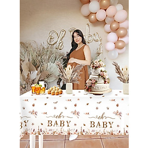 Lopeastar 3Pcs Boho Baby Shower Decorations Tablecloths, Bohemian Pampas Grass Floral Oh Baby Table Cloths, 58 x 108 Inch Large Rectangular Boho Table Covers Party Supplies for Girls Kids