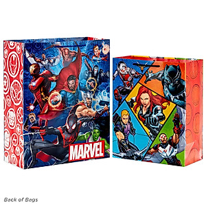 Hallmark Marvel Superhero Gift Bag Set (1 Large 13" Bag and 1 Extra Large 15" Bag) with Spider-Man, Hulk, Thor, Iron Man for Birthdays, Christmas, Halloween