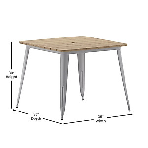 Flash Furniture Declan Commercial Outdoor Dining Table with Umbrella Hole, All Weather Poly Resin Top and Steel Base, 36" Square, Brown/Silver