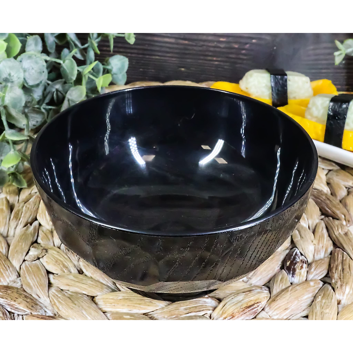 Ebros Gift Japanese Contemporary Black Lacquer Ridged Bowls For Rice Miso Appetizer Soup 4.5" Diameter Made In Japan Decorative Bowl Set of 6 Lacquered Serveware For Restaurants Home Kitchen Gifts