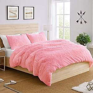 Sweet Jojo Designs Boho Chic Bohemian Pink Fuzzy Faux Fur Plush Duvet Comforter Cover and Sham 3 pc. Soft Shaggy Fluffy Full/Queen Size Bedding Set Luxury College Dorm Teen