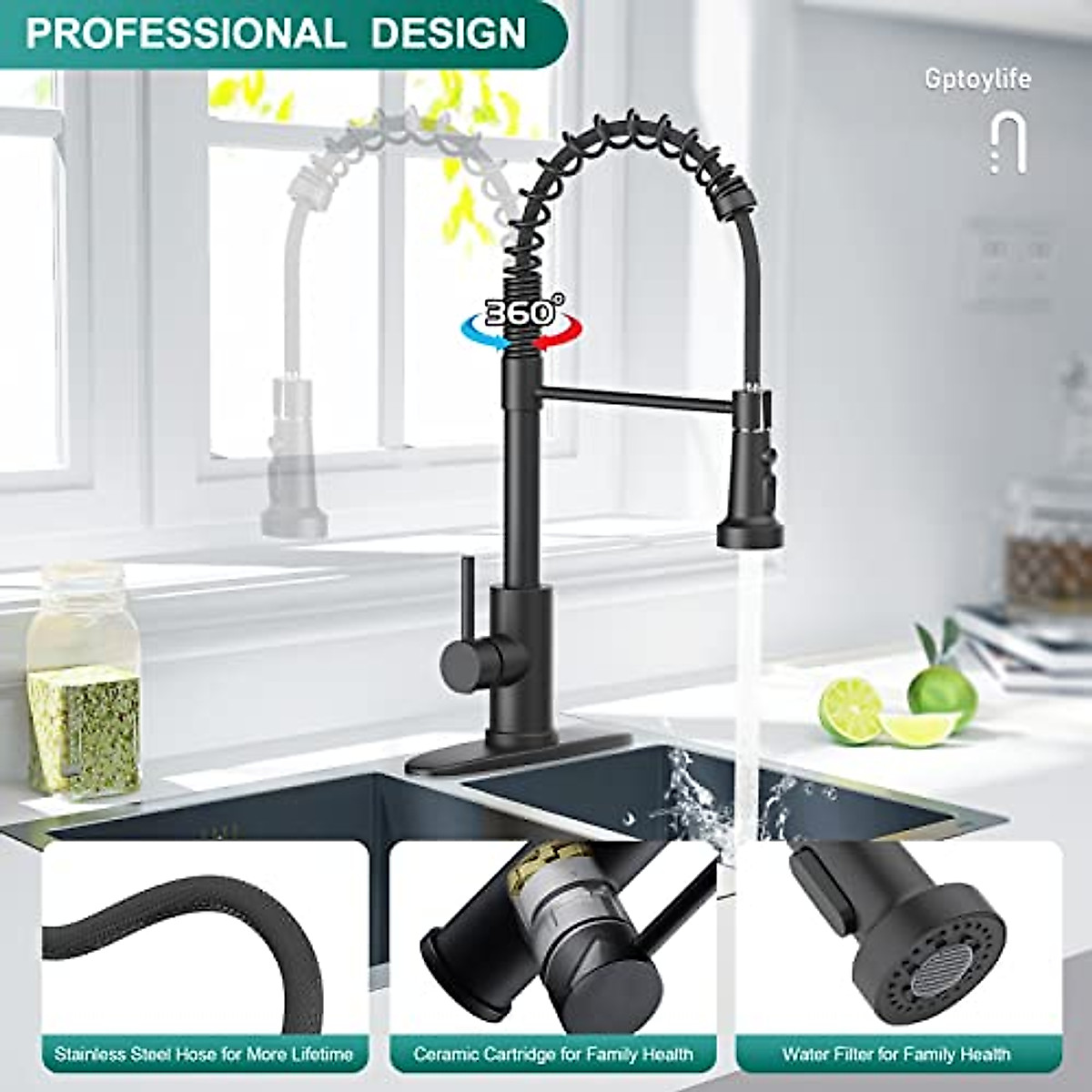 Gptoylife Kitchen Spring Faucets with Pull Down Sprayer-3 Functions Sprayer Commercial Kitchen Sink Faucets | Stainless Steel Single Handle Matte Black Kitchen Faucets for RV Utility Sink with Deck