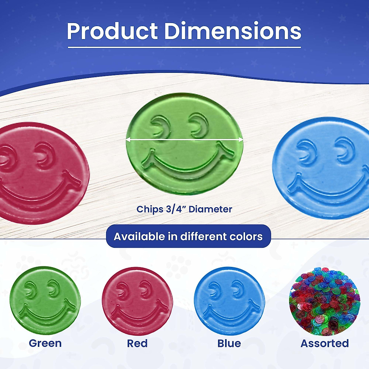 MR CHIPS Bingo Chips 3/4" Size - 600 Counting in Blue, Red and Green Color Smiley Face Design Versatile for Classroom Activities & Board Games