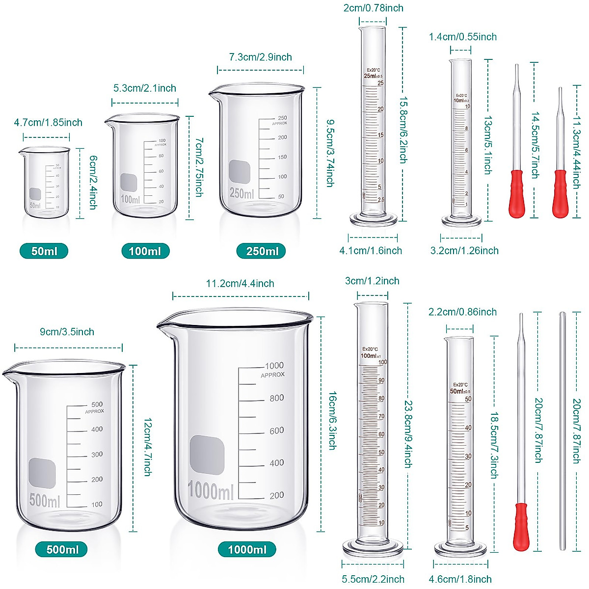 Glass or Plastic Graduated Cylinder Beaker Set, Thick Lab Cylinders (10 ml, 25 ml, 50 ml, 100 ml), Beaker (50 ml, 100 ml, 250 ml, 500 ml, 1000 ml) with 3 Dropper 4 Stirring Rod 7.9 Inch(Glass)
