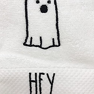 Rae Dunn Set of 2 Halloween Hand Towels, (16x30) White/Hey Bootiful/Terry Cloth