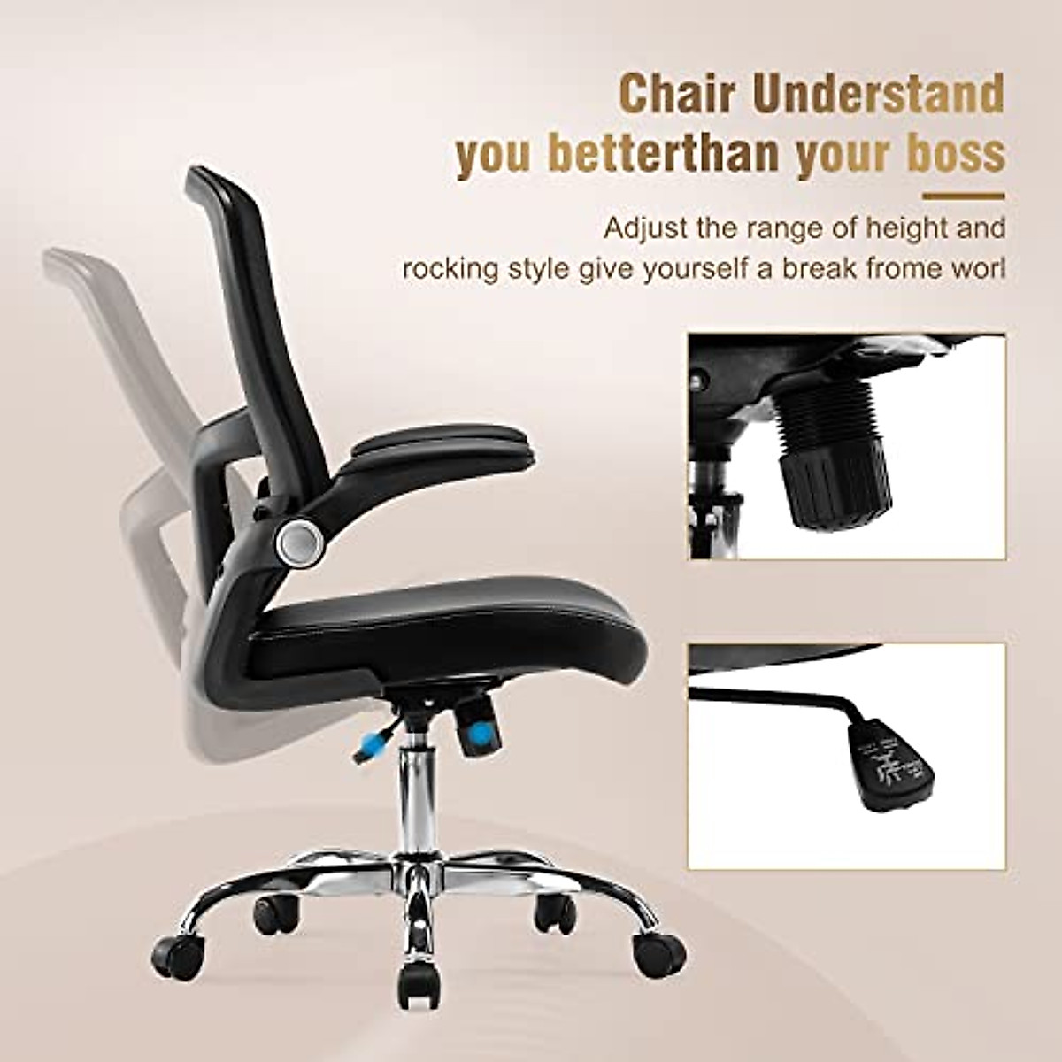 SAIBFARST Ergonomic Office Chair, PU Leather Home Desk Chair, Adjustable Height Swivel Mesh Chair Midback Computer Chair with Lumbar Support and Flip-up Armrests Executive Office Chairs
