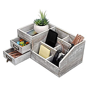Distressed Rustic Wooden Office Desktop Organizer Wood Shelf Tabletop Home Organizer Storage with Multiple Compartments 2 Tier Drawers,perfect Jewelry storage Display Box for Desk, Vanity (gray)