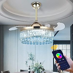 FINE MAKER 42" Ceiling Fan with Bluetooth Speaker,7 LED Colors Reversible 6 Fan Speeds Remote Control, Crystal Chandelier Ceiling Fan,Retractable Blades Fandelier Lighting Fixture fan for bedroom Gold