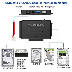 EYOOLD SATA IDE to USB 3.0 Adapter, External Hard Drive Reader Ultra Recovery Converter for Universal 2.5 3.5 IDE and SATA HDD SSD, 5.25-inch DVD/CD-ROM Optical Drive, Easy to Use