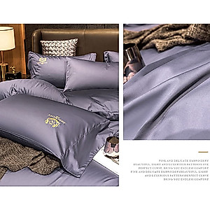 Wrinkle Stain Resistant Four Piece Bed Set Luxury Satin Sheet 4 Pcs King Set Sateen Long-Staple Cotton Embroidery Bed Sheet Set Queen Size Sheet Set (Purple 200x230cm)