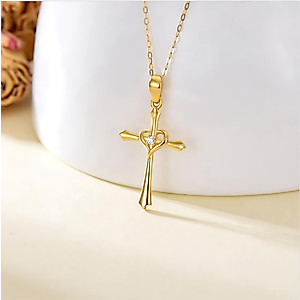 YDD 14K Solid Gold Cross Necklace for Women Heart Necklace Cross Chain for Her, Mom, Wife 16"-18"