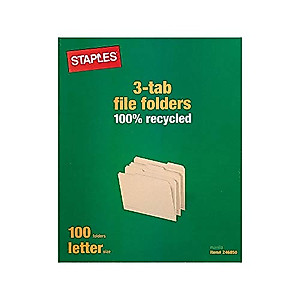 Staples 246850 100% Recycled Manila File Folders Letter 3-Tab 100/Box (246850)
