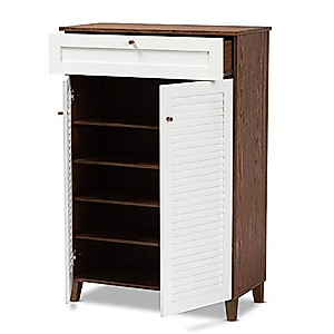 Baxton Studio Coolidge Modern and Contemporary White and Walnut Finished 5-Shelf Wood Shoe Storage Cabinet with Drawer