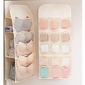 LCXEGO Dual Side Closet Hanging Organizer,3 Shelf Hanging Closet Organizer with Rotating Hanger and Mesh Pocket Bra Underwear Socks Towel Handbag Storage Oxford Bags (3+5+15Pockets,Beige)