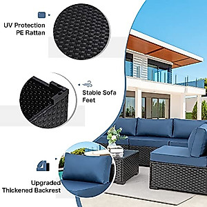 Walsunny 7 Pieces Patio Outdoor Furniture Sets,Low Back All-Weather Rattan Sectional Sofa with Tea Table&Washable Couch Cushions (Aegean Blue)