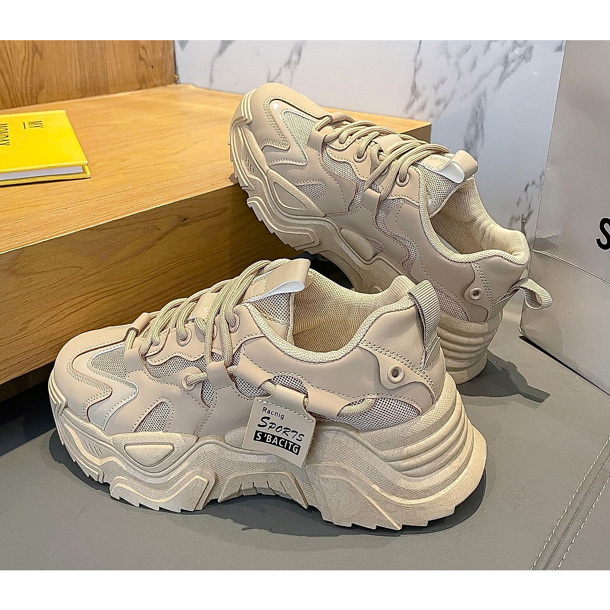 VAXAV Women's Fashion Breathable Mesh Platform Sneakers Casual Jogging Walking Shoes Size 6 Khaki