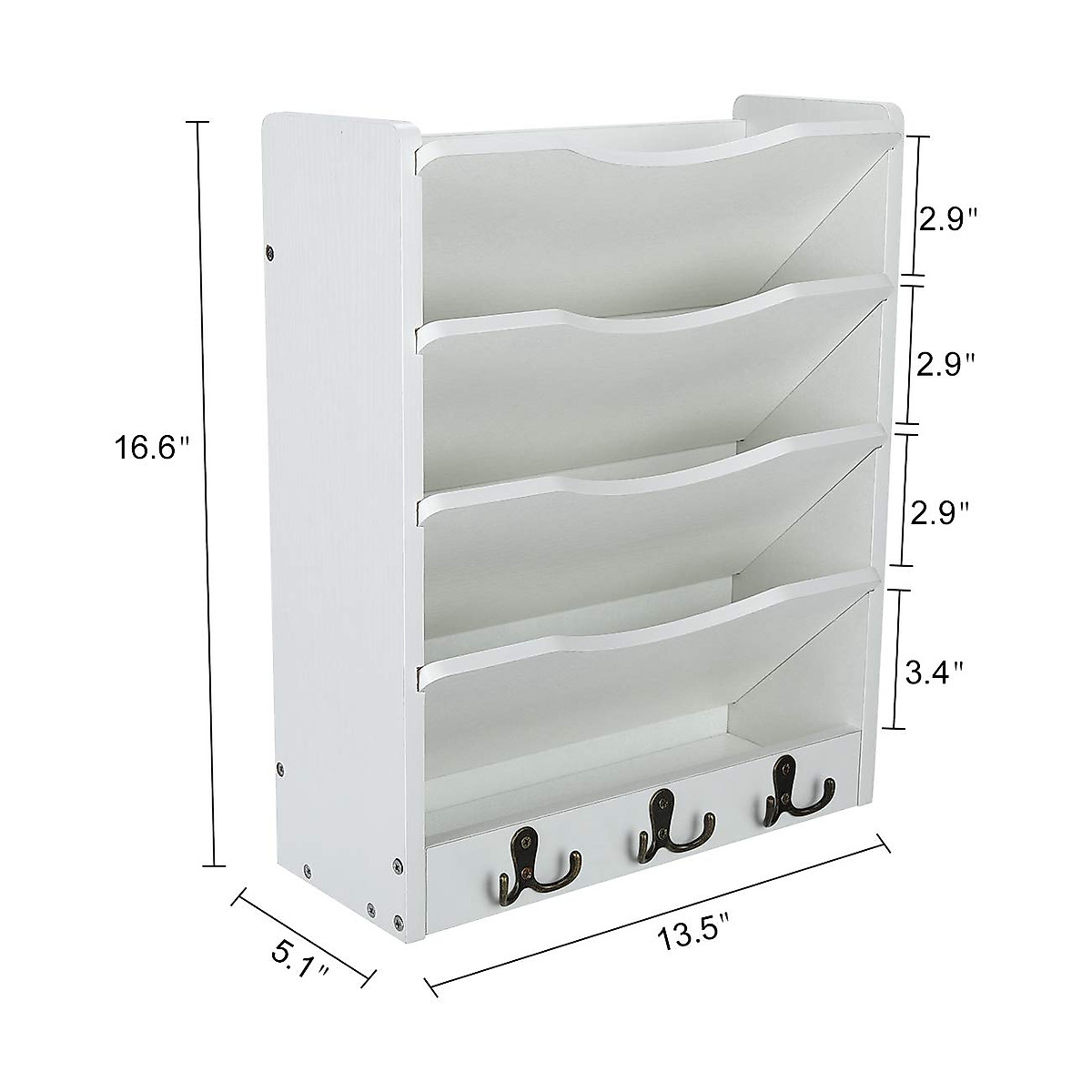PAG 5-Tier Wall File Holder Hanging Mail Organizer Wood Magazine Literature Rack with 6 Hooks, White