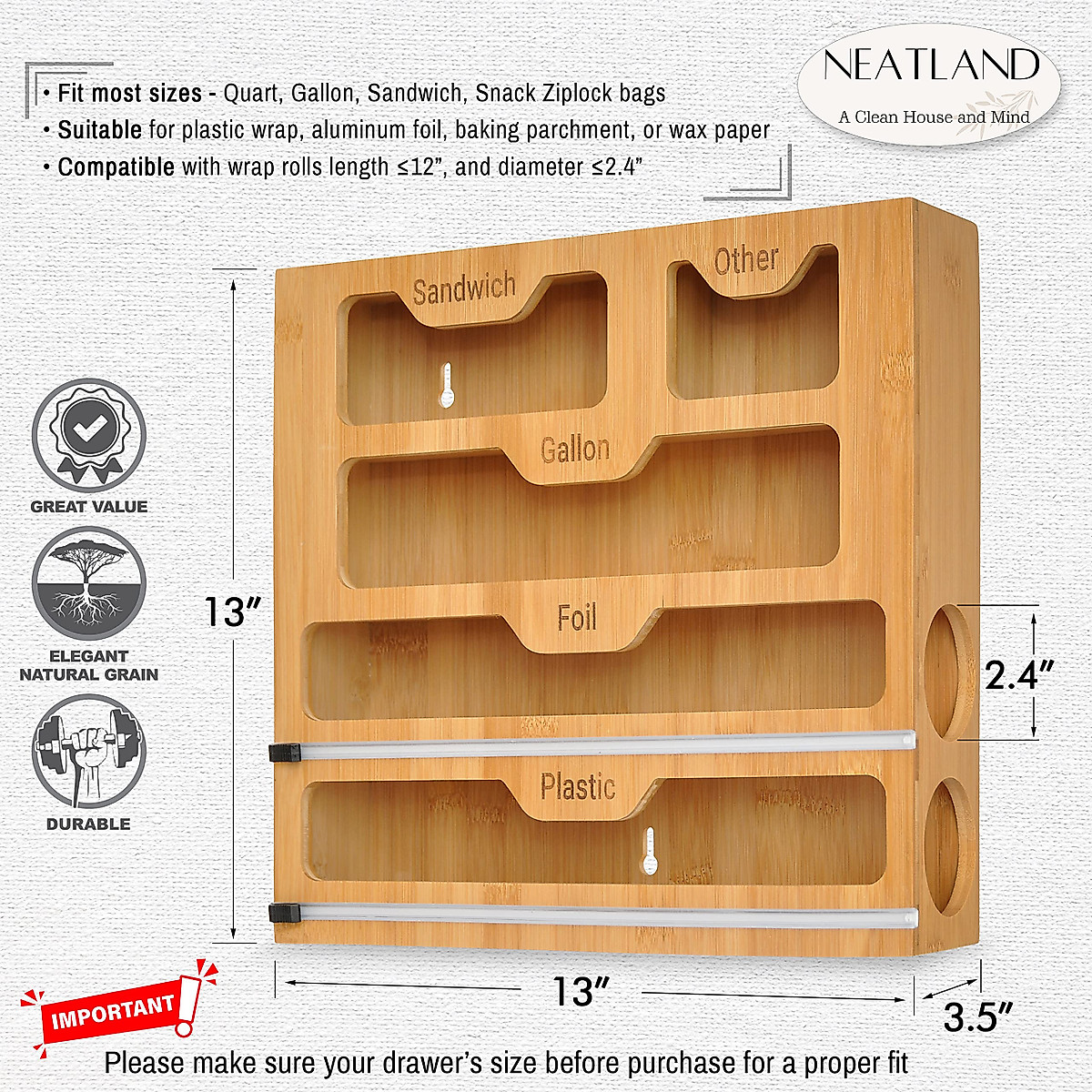 NEATLAND Plastic Wrap Dispenser with Cutter, 5 in 1 Bamboo Foil and Plastic Wrap Organizer for Kitchen Drawer or Wall, Ziplock Bag Organizer for Gallon, Quart, Sandwich, Snack sizes