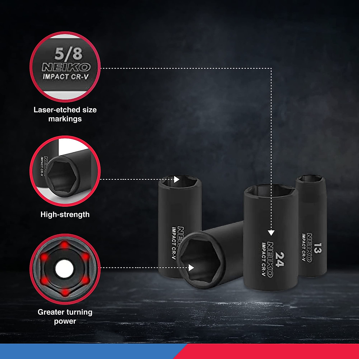 Neiko 02475A 1/2" Drive Deep Impact Socket Set, 14 Piece | 6 Point Metric Sizes (11-32 mm) | Cr-V Steel