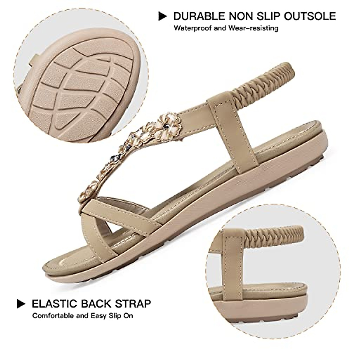 SHIBEVER Sandals Women Flat Dressy: Summer Comfortable Walking Sandal Bohemian Ankle Strap Shoes Outdoor Apricot 8.5