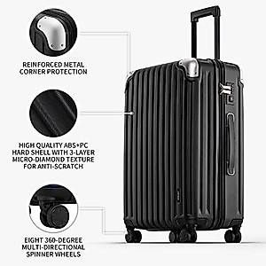 LEVEL8 Grace Luggage Sets PC+ABS Hardshell Suitcase with Spinner Wheels, Durable Lightweight Luggage TSA Lock 20" Expandable Carry on 24"/28" Checked Luggage, 3-Piece Set (20/24/28) – Black