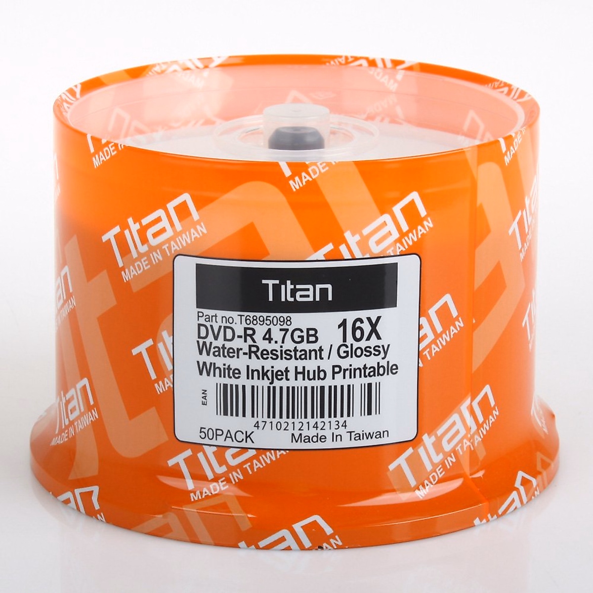 Titan Dvd-r 16x Semi-gloss (Glossy) Water Resistant, White Inkjet Printable Blank Media Discs 4.7gb (T6895098) in 50 Cake Box