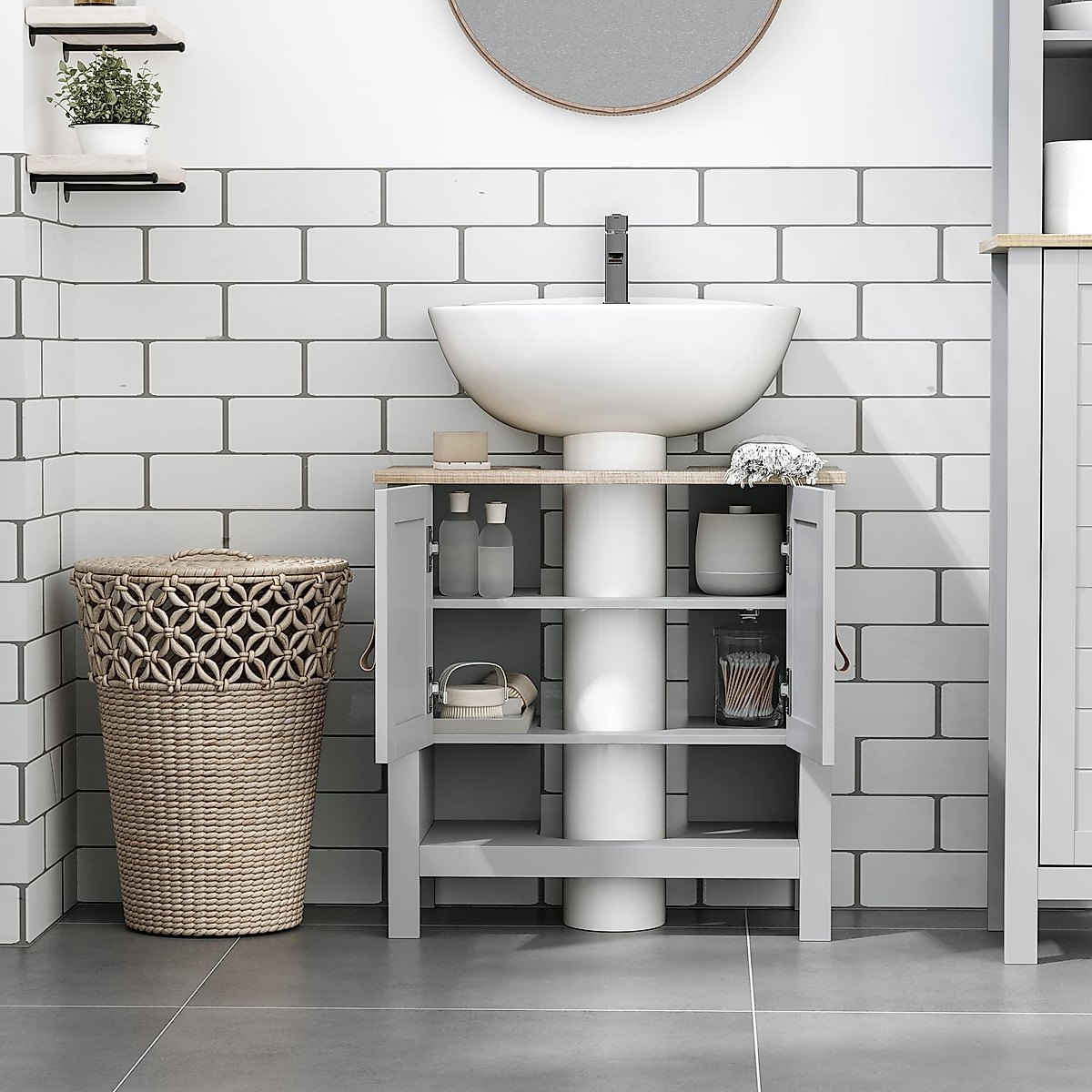 kleankin Pedestal Sink Storage Cabinet, Under Sink Cabinet, Bathroom Vanity Cabinet with Adjustable Shelf and Open Bottom Shelf, Gray